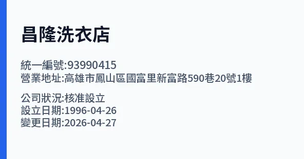 昌隆洗衣店的照片-統編 93990415(高雄市) 公司登記資料與營業項目詳細圖表