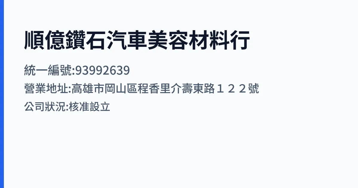 順億鑽石汽車美容材料行 - 統編 93992639(高雄市) 公司登記資料與營業項目詳細圖表