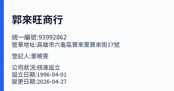 郭來旺商行的照片-統編 93992862(高雄市) 公司登記資料與營業項目詳細圖表