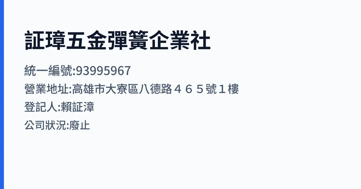 証璋五金彈簧企業社 - 統編 93995967(高雄市) 公司登記資料與營業項目詳細圖表