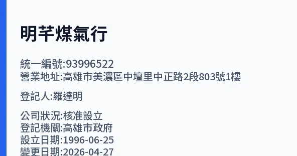 明芊煤氣行的照片-統編 93996522(高雄市) 公司登記資料與營業項目詳細圖表