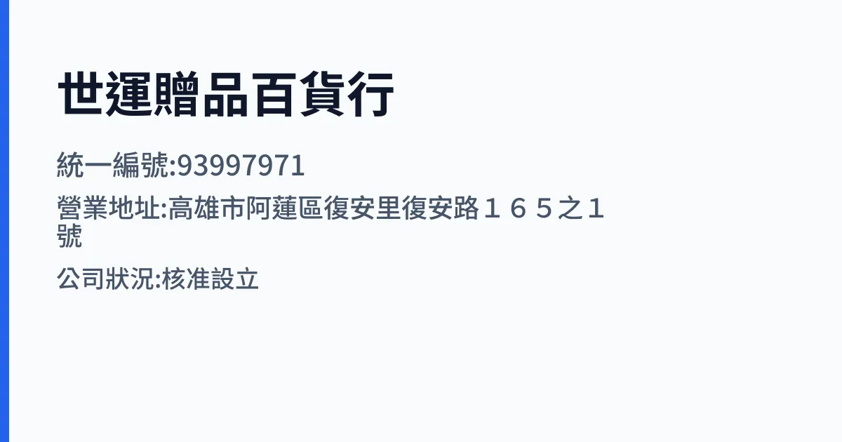 世運贈品百貨行 - 統編 93997971(高雄市) 公司登記資料與營業項目詳細圖表