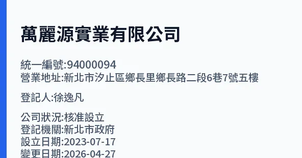 萬麗源實業有限公司的照片-統編 94000094(新北市) 公司登記資料與營業項目詳細圖表