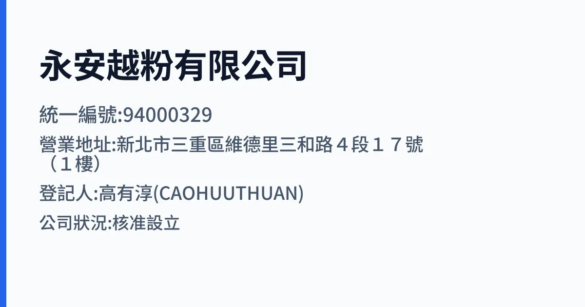 永安越粉有限公司 - 統編 94000329(新北市) 公司登記資料與營業項目詳細圖表