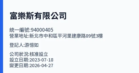 富樂斯有限公司的照片-統編 94000405(新北市) 公司登記資料與營業項目詳細圖表