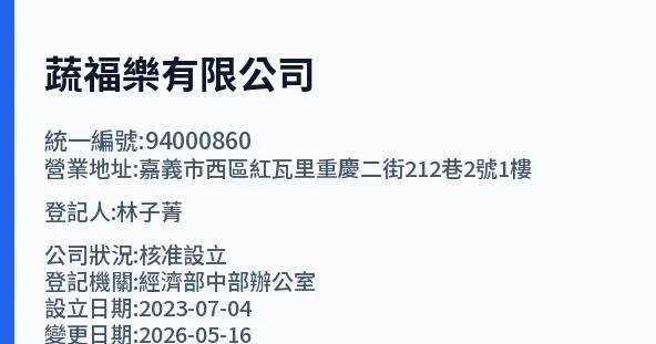 蔬福樂有限公司的照片-統編 94000860(嘉義市) 公司登記資料與營業項目詳細圖表