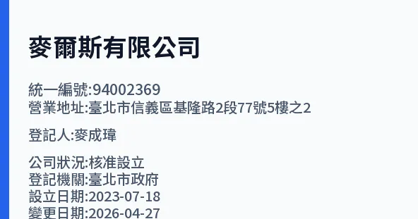 麥爾斯有限公司的照片-統編 94002369(臺北市) 公司登記資料與營業項目詳細圖表
