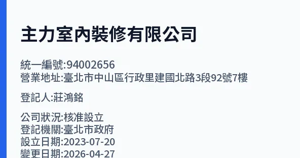 主力室內裝修有限公司的照片-統編 94002656(臺北市) 公司登記資料與營業項目詳細圖表