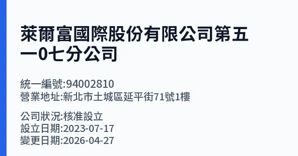 萊爾富國際股份有限公司第五一0七分公司的照片-統編 94002810(新北市) 公司登記資料與營業項目詳細圖表
