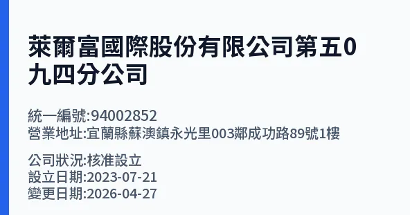 萊爾富國際股份有限公司第五0九四分公司的照片-統編 94002852(宜蘭縣) 公司登記資料與營業項目詳細圖表