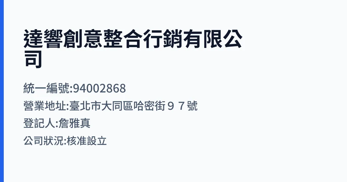 達響創意整合行銷有限公司 - 統編 94002868(臺北市) 公司登記資料與營業項目詳細圖表