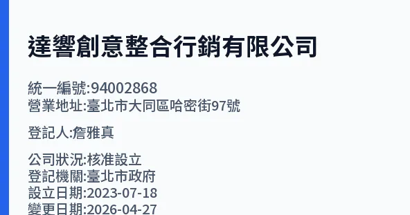 達響創意整合行銷有限公司的照片-統編 94002868(臺北市) 公司登記資料與營業項目詳細圖表