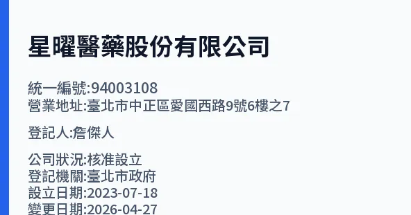 星曜醫藥股份有限公司的照片-統編 94003108(臺北市) 公司登記資料與營業項目詳細圖表