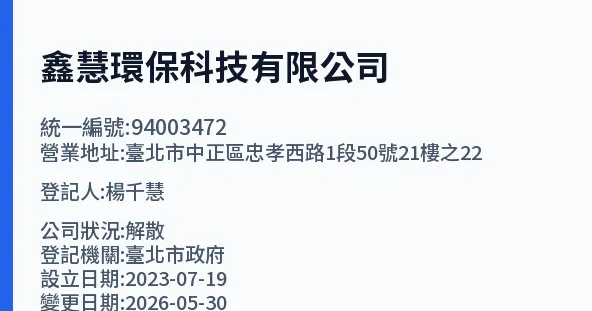 鑫慧環保科技有限公司的照片-統編 94003472(臺北市) 公司登記資料與營業項目詳細圖表
