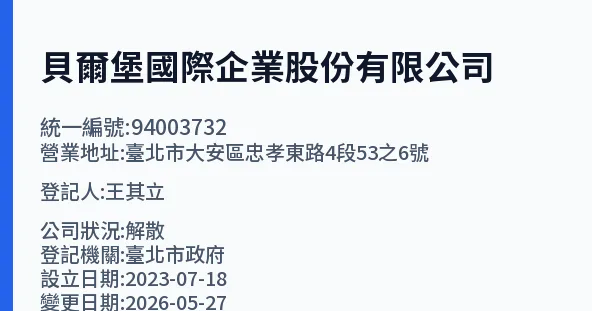 貝爾堡國際企業股份有限公司的照片-統編 94003732(臺北市) 公司登記資料與營業項目詳細圖表