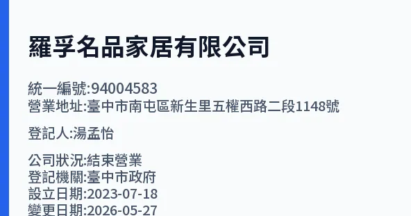 羅孚名品家居有限公司的照片-統編 94004583(臺中市) 公司登記資料與營業項目詳細圖表