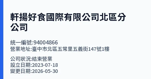 軒揚好食國際有限公司北區分公司的照片-統編 94004866(臺中市) 公司登記資料與營業項目詳細圖表