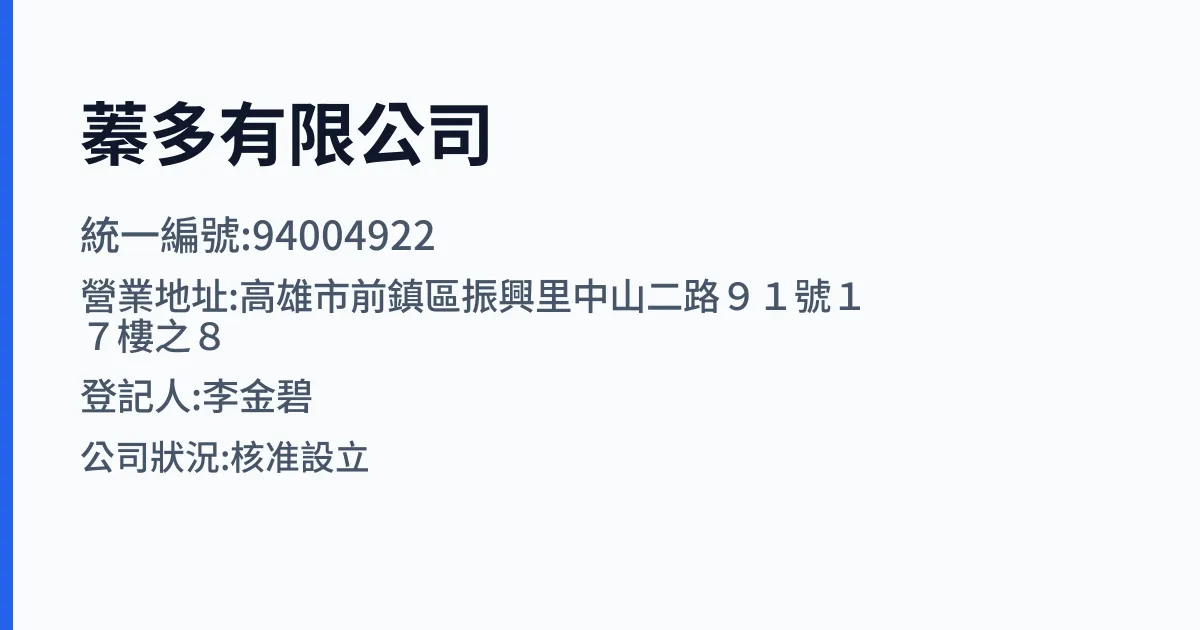 蓁多有限公司 - 統編 94004922(臺中市) 公司登記資料與營業項目詳細圖表