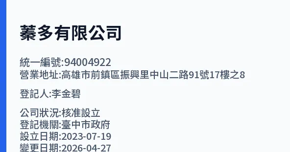 蓁多有限公司的照片-統編 94004922(高雄市) 公司登記資料與營業項目詳細圖表