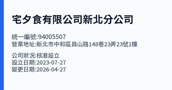 宅夕食有限公司新北分公司的照片-統編 94005507(新北市) 公司登記資料與營業項目詳細圖表