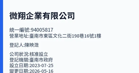 微翔企業有限公司的照片-統編 94005817(臺南市) 公司登記資料與營業項目詳細圖表