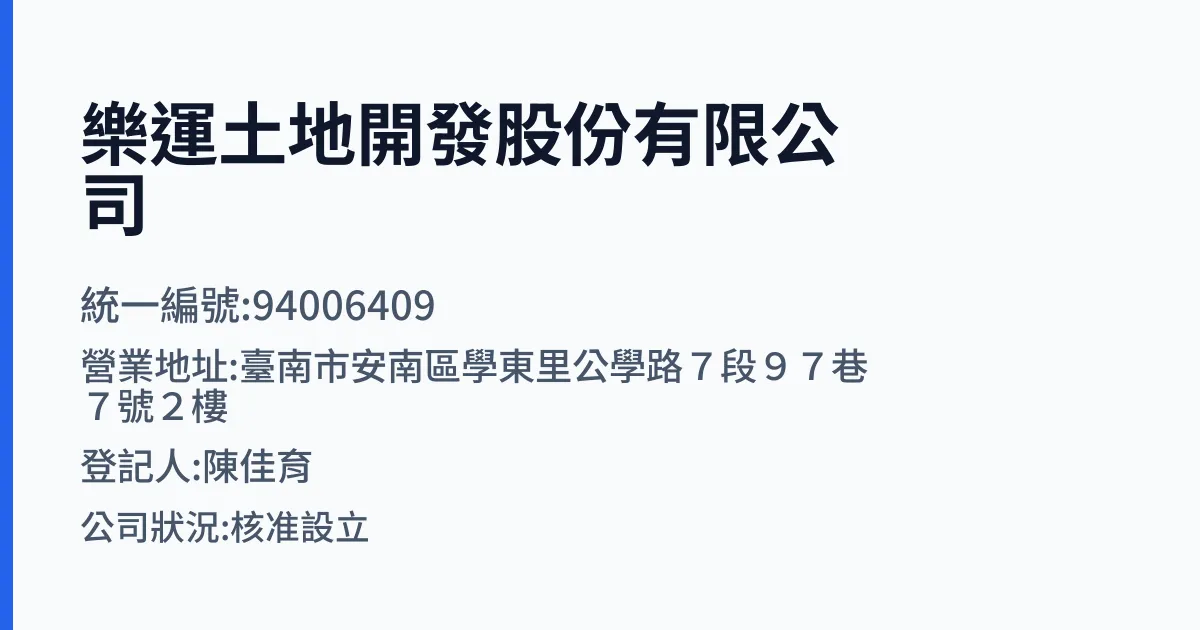 樂運土地開發股份有限公司 - 統編 94006409(臺南市) 公司登記資料與營業項目詳細圖表