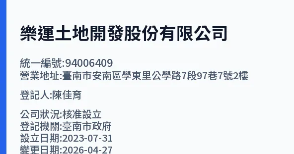 樂運土地開發股份有限公司的照片-統編 94006409(臺南市) 公司登記資料與營業項目詳細圖表
