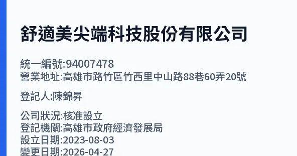 舒適美尖端科技股份有限公司的照片-統編 94007478(高雄市) 公司登記資料與營業項目詳細圖表