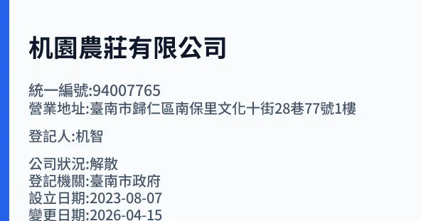 机園農莊有限公司的照片-統編 94007765(臺南市) 公司登記資料與營業項目詳細圖表