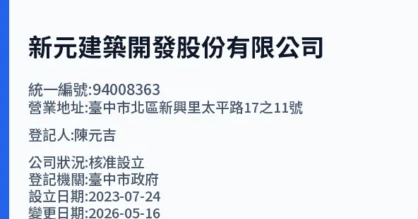 新元建築開發股份有限公司的照片-統編 94008363(臺中市) 公司登記資料與營業項目詳細圖表