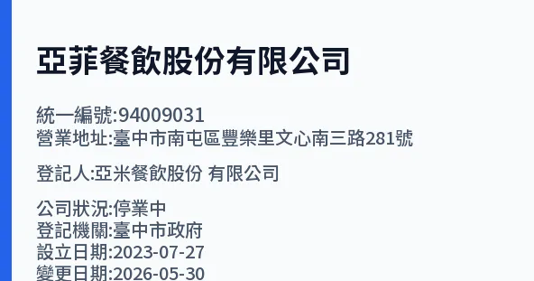 亞菲餐飲股份有限公司的照片-統編 94009031(臺中市) 公司登記資料與營業項目詳細圖表