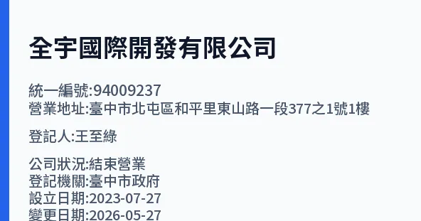全宇國際開發有限公司的照片-統編 94009237(臺中市) 公司登記資料與營業項目詳細圖表
