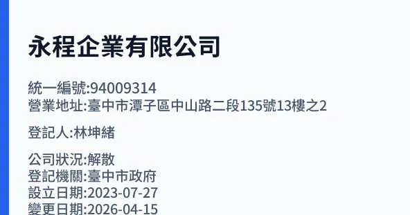 永程企業有限公司的照片-統編 94009314(臺中市) 公司登記資料與營業項目詳細圖表