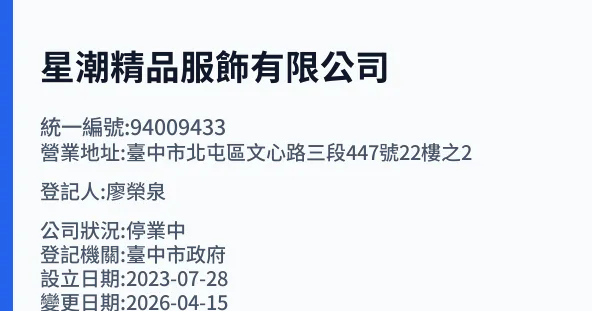 星潮精品服飾有限公司的照片-統編 94009433(臺中市) 公司登記資料與營業項目詳細圖表