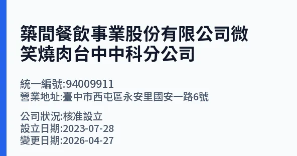 築間餐飲事業股份有限公司微笑燒肉台中中科分公司的照片-統編 94009911(臺中市) 公司登記資料與營業項目詳細圖表
