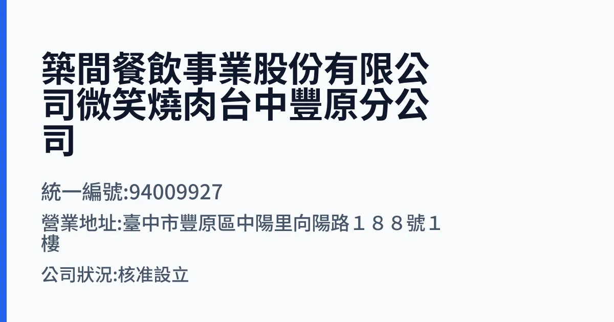 築間餐飲事業股份有限公司微笑燒肉台中豐原分公司 - 統編 94009927(臺中市) 公司登記資料與營業項目詳細圖表