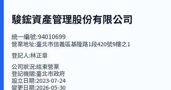 駿鋐資產管理股份有限公司的照片-統編 94010699(臺北市) 公司登記資料與營業項目詳細圖表