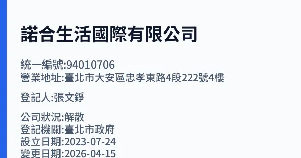 諾合生活國際有限公司的照片-統編 94010706(臺北市) 公司登記資料與營業項目詳細圖表