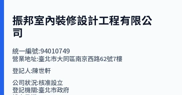 振邦室內裝修設計工程有限公司的照片-統編 94010749(臺北市) 公司登記資料與營業項目詳細圖表