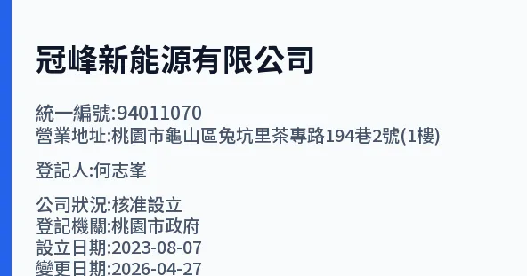 冠峰新能源有限公司的照片-統編 94011070(桃園市) 公司登記資料與營業項目詳細圖表