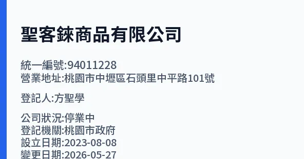 聖客錸商品有限公司的照片-統編 94011228(桃園市) 公司登記資料與營業項目詳細圖表