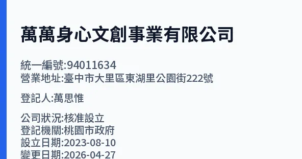 萬萬身心文創事業有限公司的照片-統編 94011634(臺中市) 公司登記資料與營業項目詳細圖表