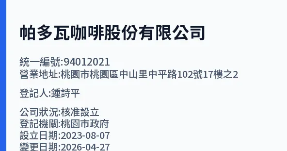 帕多瓦咖啡股份有限公司的照片-統編 94012021(桃園市) 公司登記資料與營業項目詳細圖表
