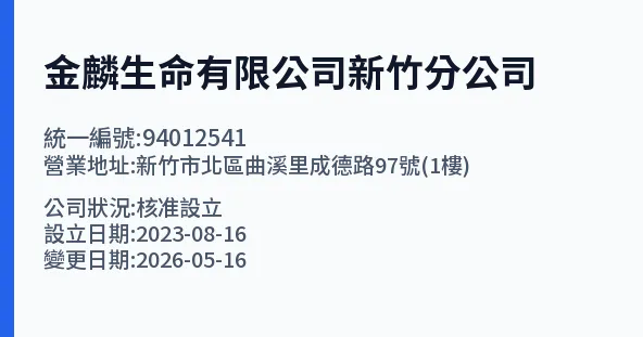 金麟生命有限公司新竹分公司的照片-統編 94012541(新竹市) 公司登記資料與營業項目詳細圖表
