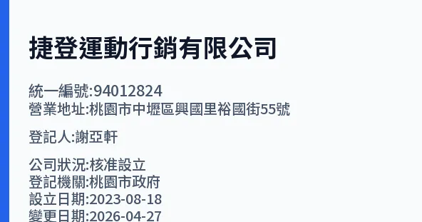 捷登運動行銷有限公司的照片-統編 94012824(桃園市) 公司登記資料與營業項目詳細圖表