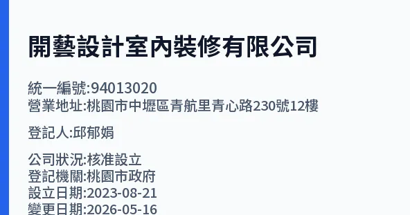 開藝設計室內裝修有限公司的照片-統編 94013020(桃園市) 公司登記資料與營業項目詳細圖表