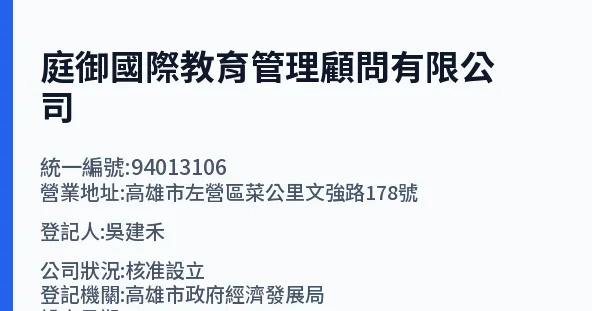 庭御國際教育管理顧問有限公司的照片-統編 94013106(高雄市) 公司登記資料與營業項目詳細圖表