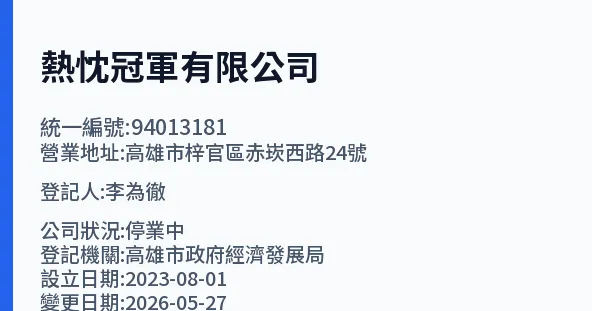 熱忱冠軍有限公司的照片-統編 94013181(高雄市) 公司登記資料與營業項目詳細圖表