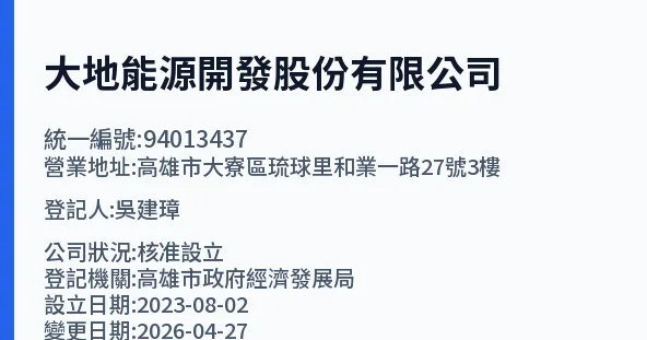 大地能源開發股份有限公司的照片-統編 94013437(高雄市) 公司登記資料與營業項目詳細圖表