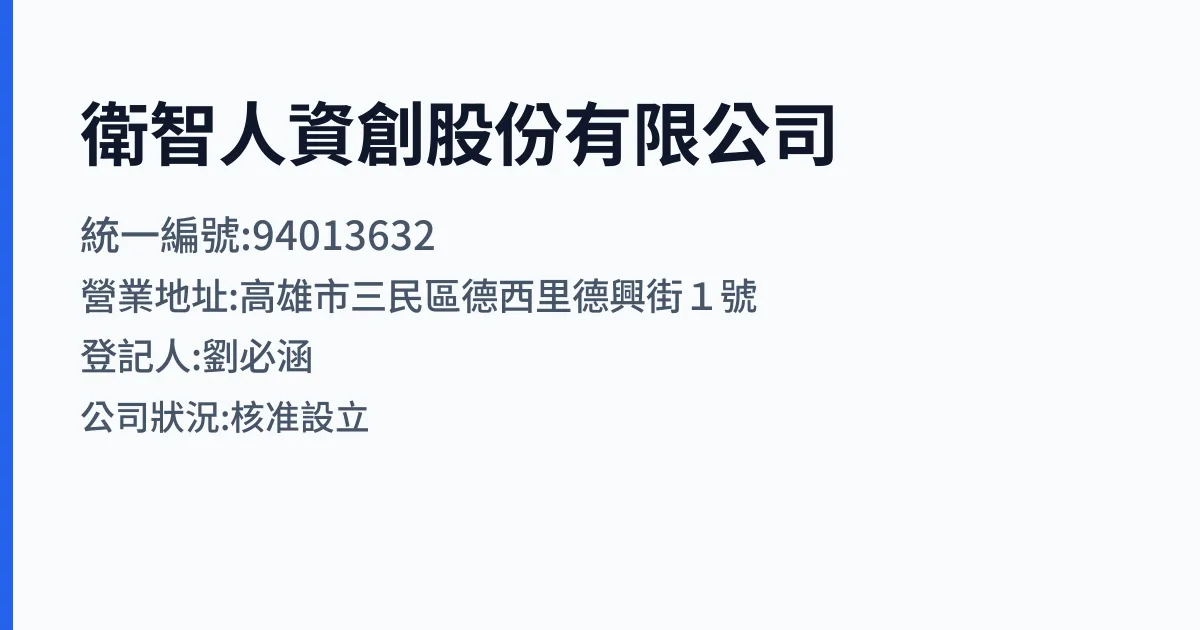 衛智人資創股份有限公司 - 統編 94013632(高雄市) 公司登記資料與營業項目詳細圖表